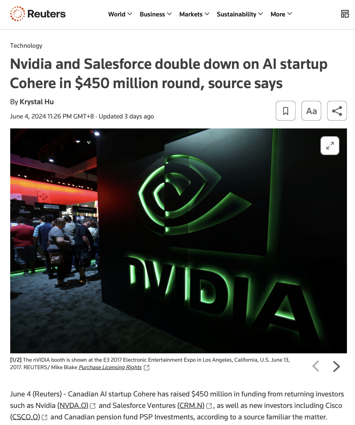 Nvidia, Salesforce, Cisco, and PSP Investments Invest $450 Million in AI Startup Cohere ...